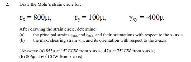 Solved 2. Draw the Mohr's strain circle for: Ex = 800u, Ey = | Chegg.com