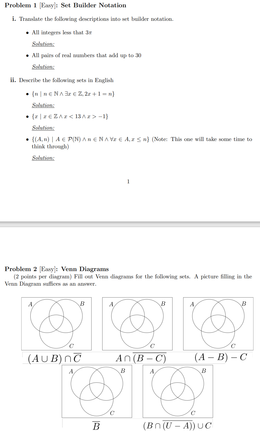Solved Problem 1 [Easy]: Set Builder Notation i. Translate | Chegg.com