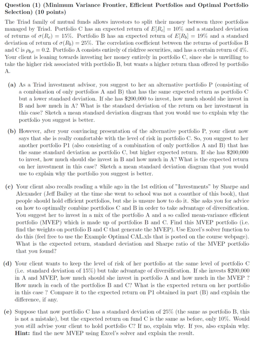 Solved Question (1) (Minimum Variance Frontier, Efficient | Chegg.com