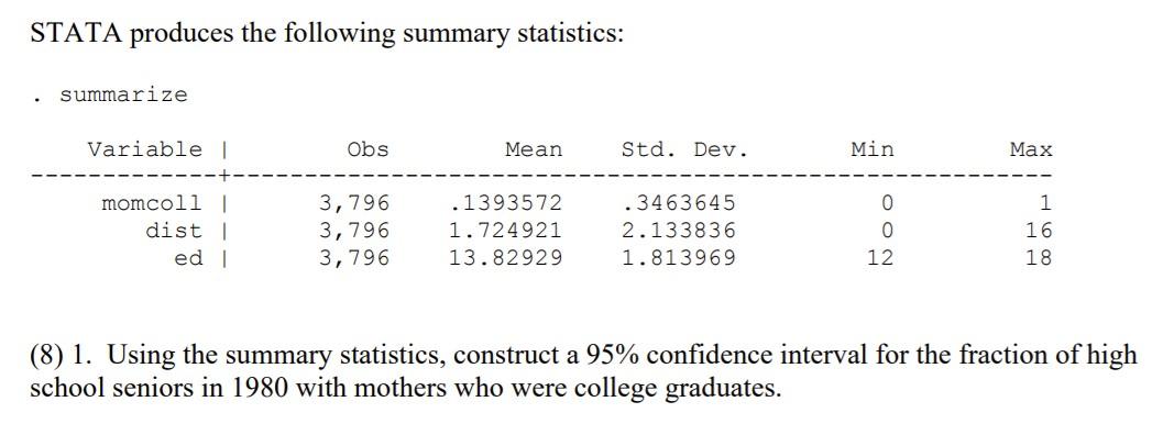 Solved STATA produces the following summary statistics: | Chegg.com