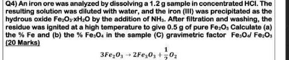 Solved Q4 An Iron Ore Was Analyzed By Dissolving A 1 2 G
