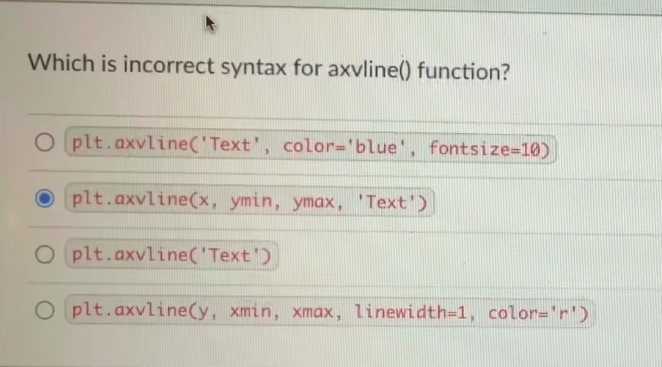 Solved Which is incorrect syntax for axvline() function? | Chegg.com