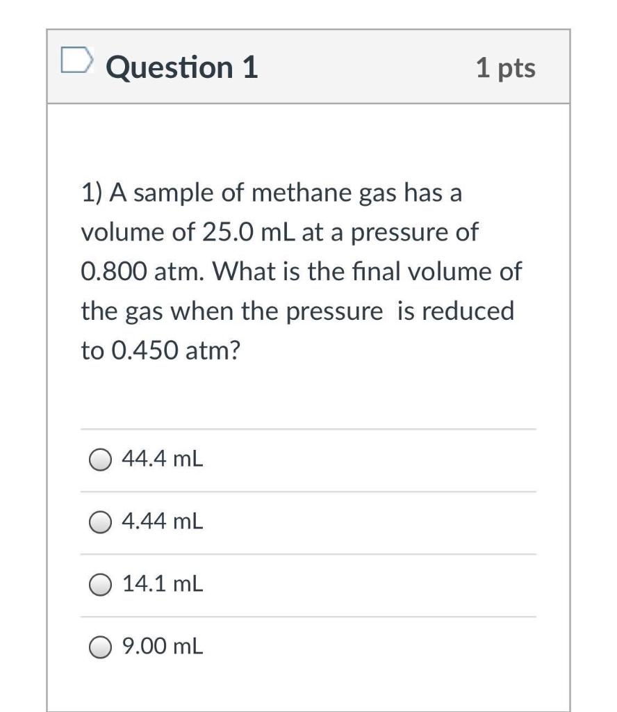 Solved Question 1 1 pts 1) A sample of methane gas has a | Chegg.com