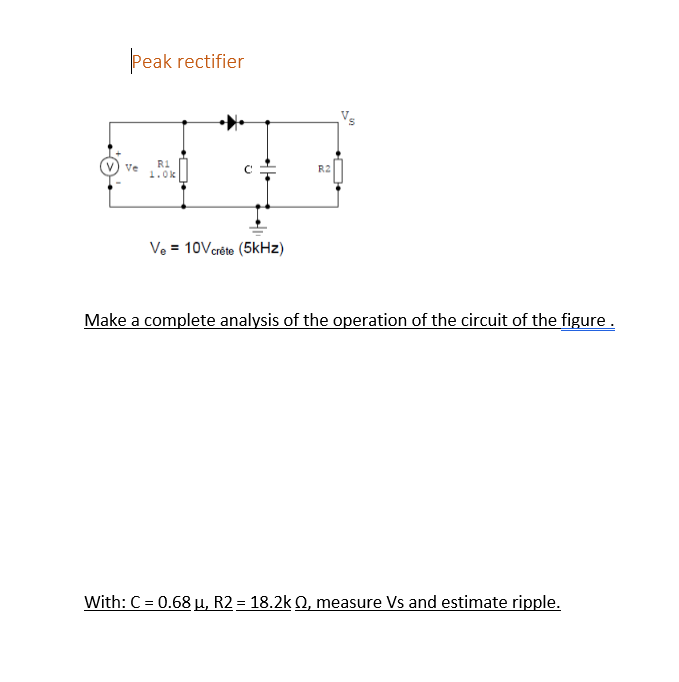 Solved Peak rectifier Ve R1 1.0k Ve = 10V crête (5kHz) Make | Chegg.com