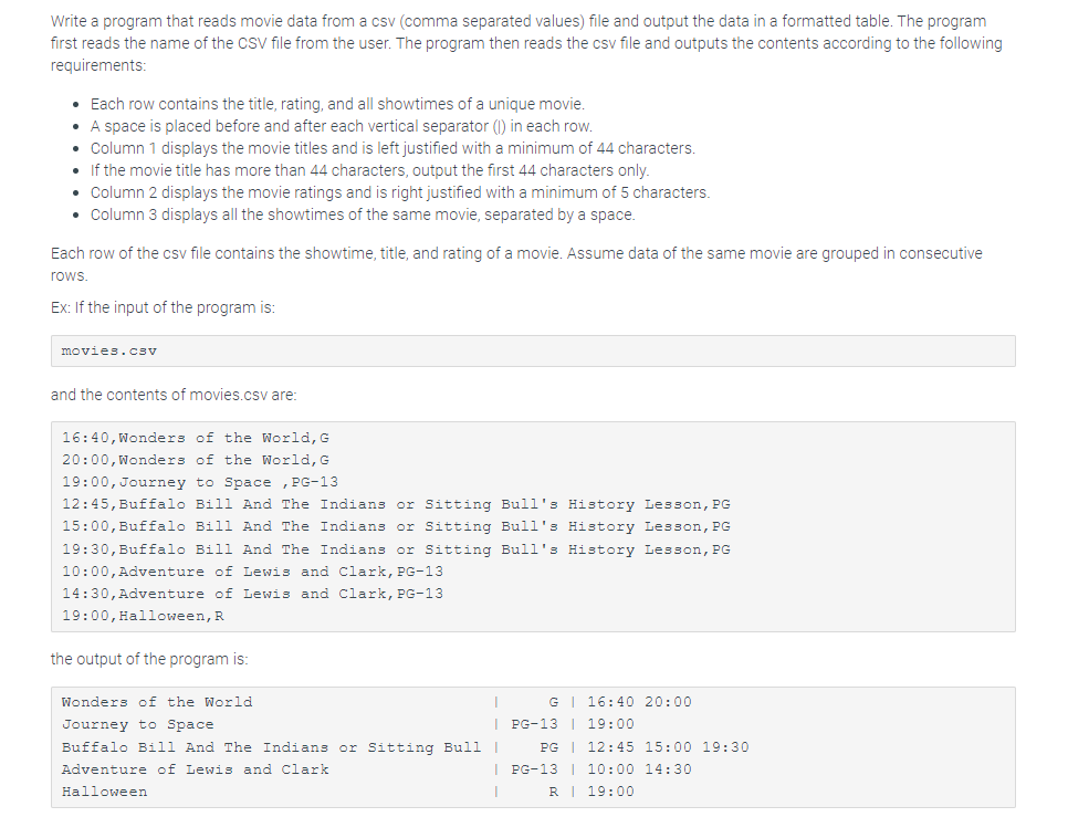 Solved Write a program that reads movie data from a csv | Chegg.com
