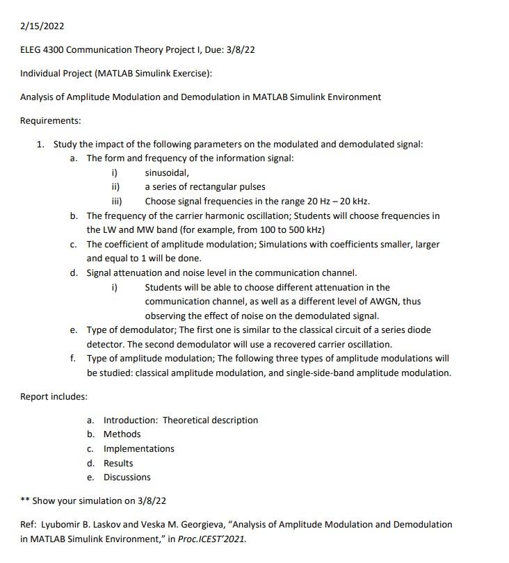 2/15/2022 ELEG 4300 Communication Theory Project I, | Chegg.com
