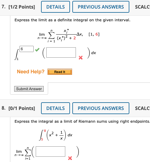 Solved 7. [1/2 Points] SCAL Express the limit as a definite | Chegg.com
