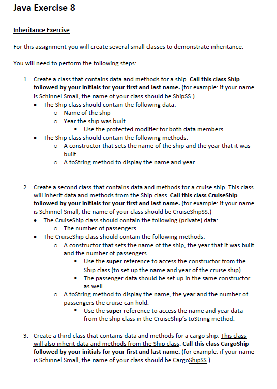 Solved Java Exercise 8 Inheritance Exercise For this | Chegg.com