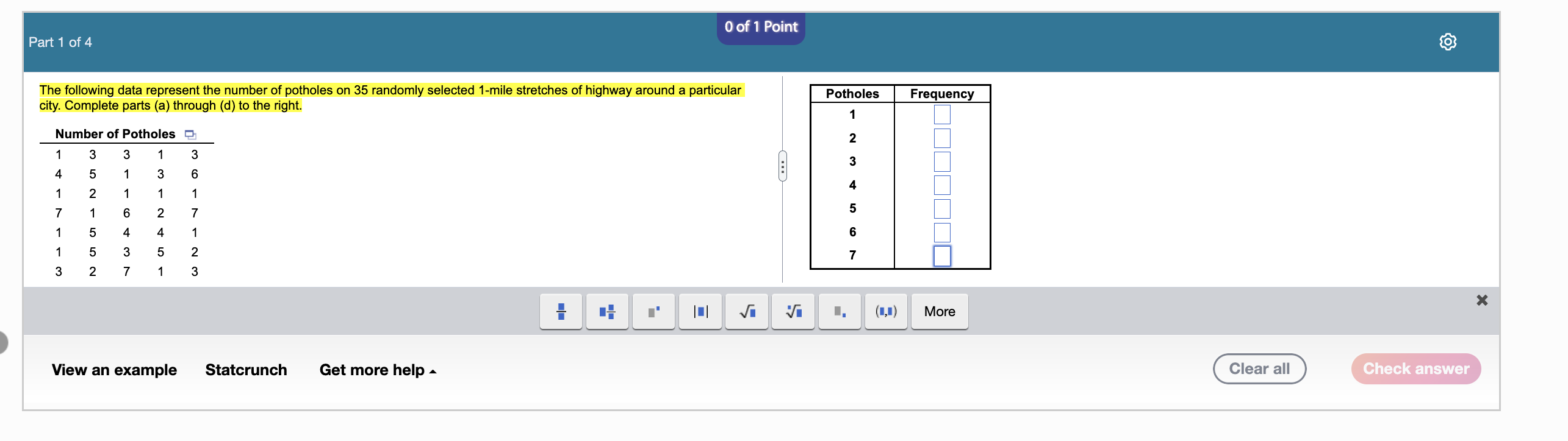 Solved The following data represent the number of potholes | Chegg.com