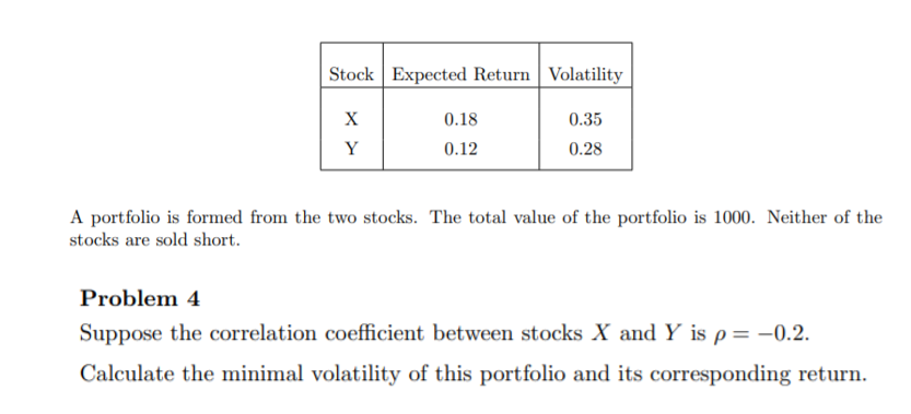 Solved Stock Expected Return Volatility X Y 0 18 0 12 0 35