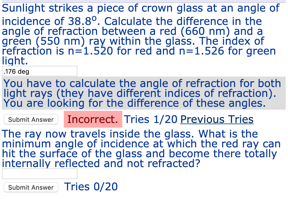 Solved Sunlight strikes a piece of crown glass at an angle | Chegg.com