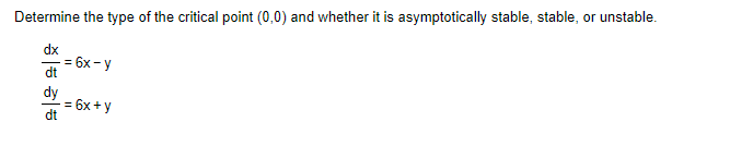 Solved Determine the type of the critical point (0,0) and | Chegg.com