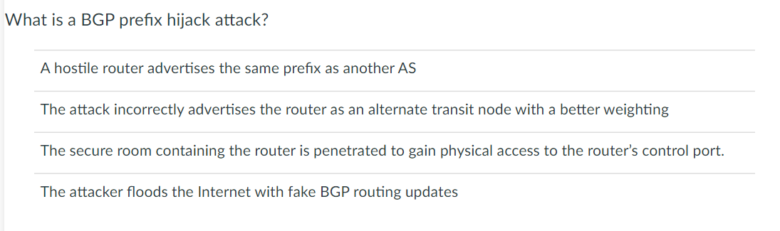 Solved What is a BGP prefix hijack attack? A hostile router | Chegg.com