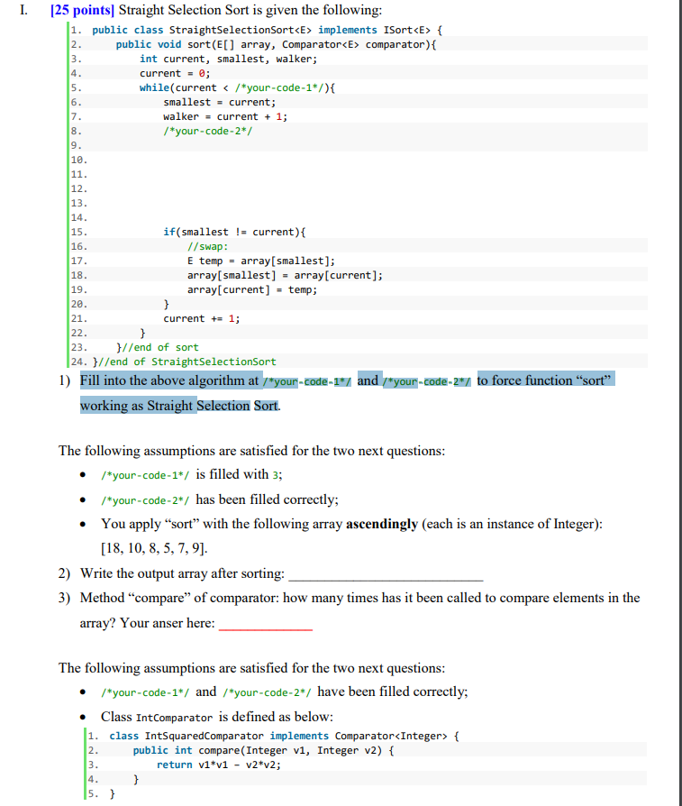 I. (25 points Straight Selection Sort is given the | Chegg.com