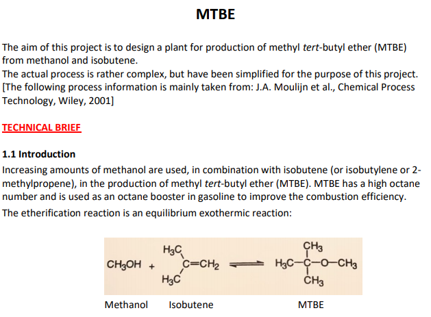 Solved MTBE The aim of this project is to design a plant for | Chegg.com