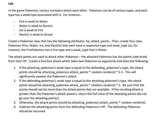 Solved Lab In the game Pokemon, various monsters attack each | Chegg.com