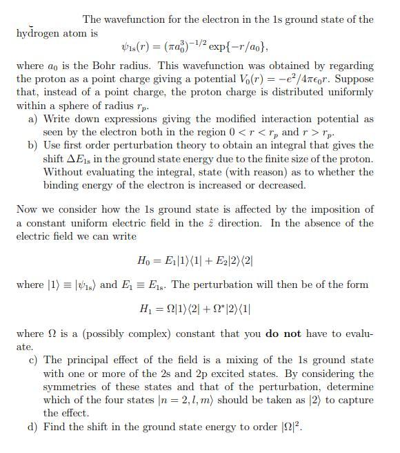 Solved The Wavefunction For The Electron In The 1s Ground