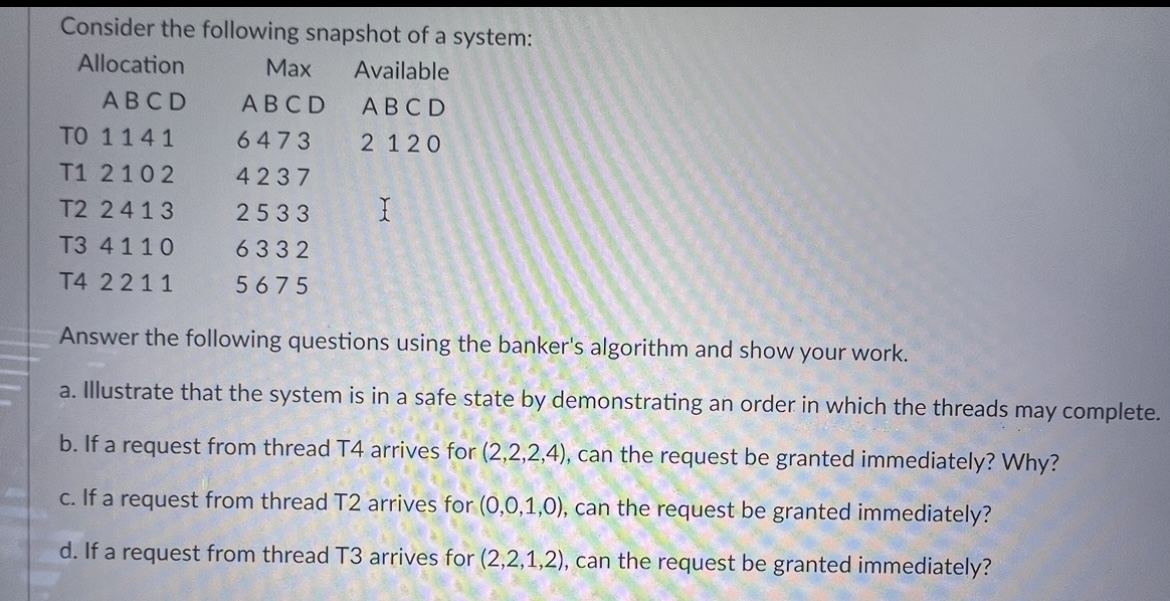 Solved Consider the following snapshot of a system: Answer | Chegg.com