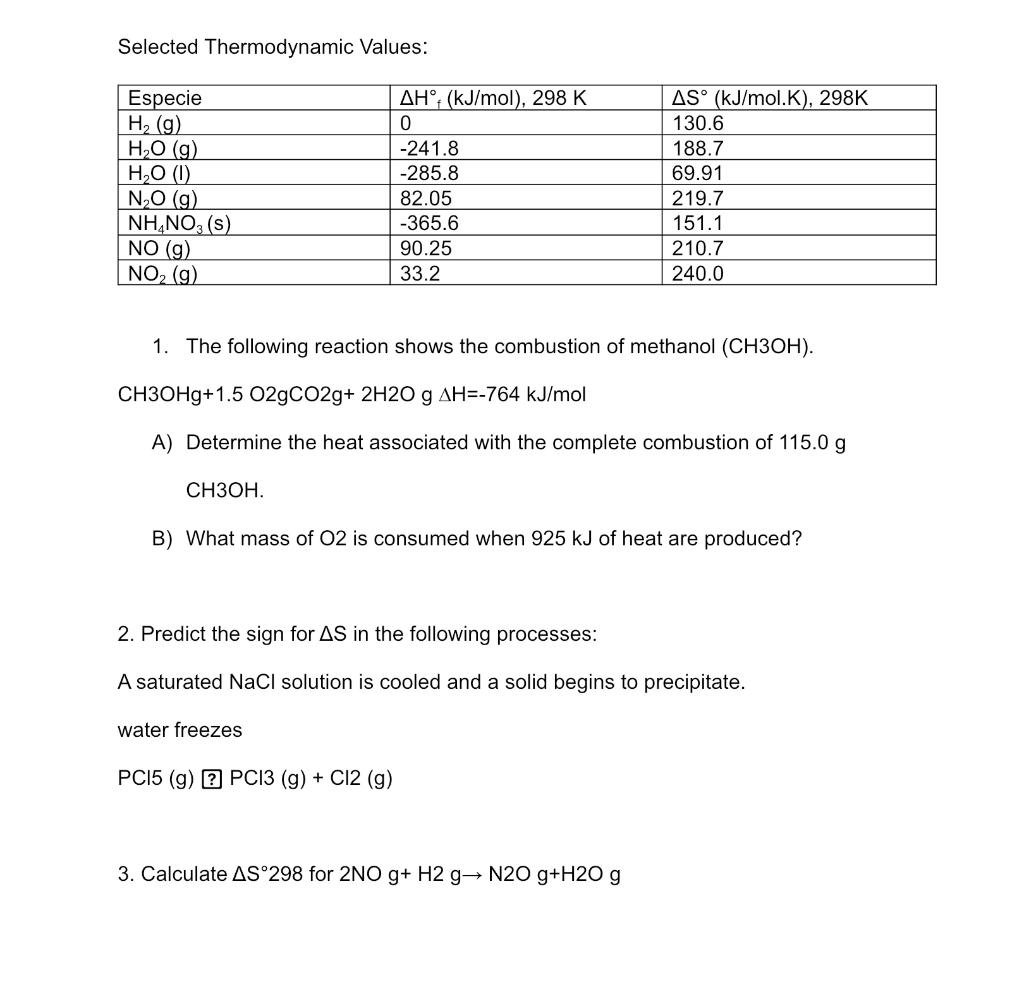Solved Selected Thermodynamic Values: 1. The following | Chegg.com