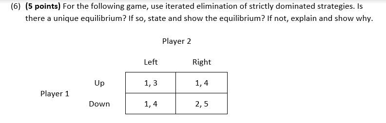Solved (6) (5 points) For the following game, use iterated | Chegg.com