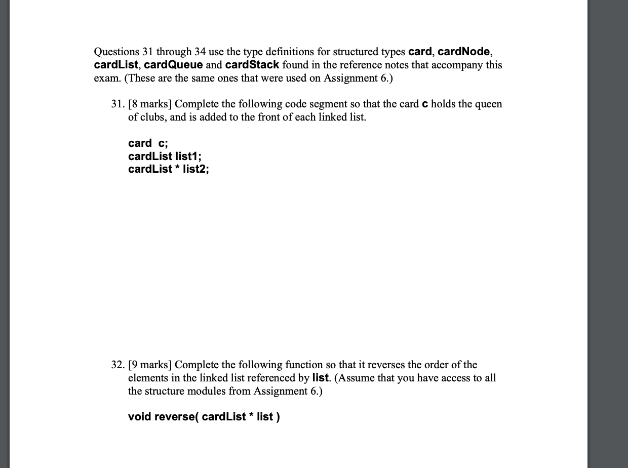 Questions 31 through 34 use the type definitions for | Chegg.com