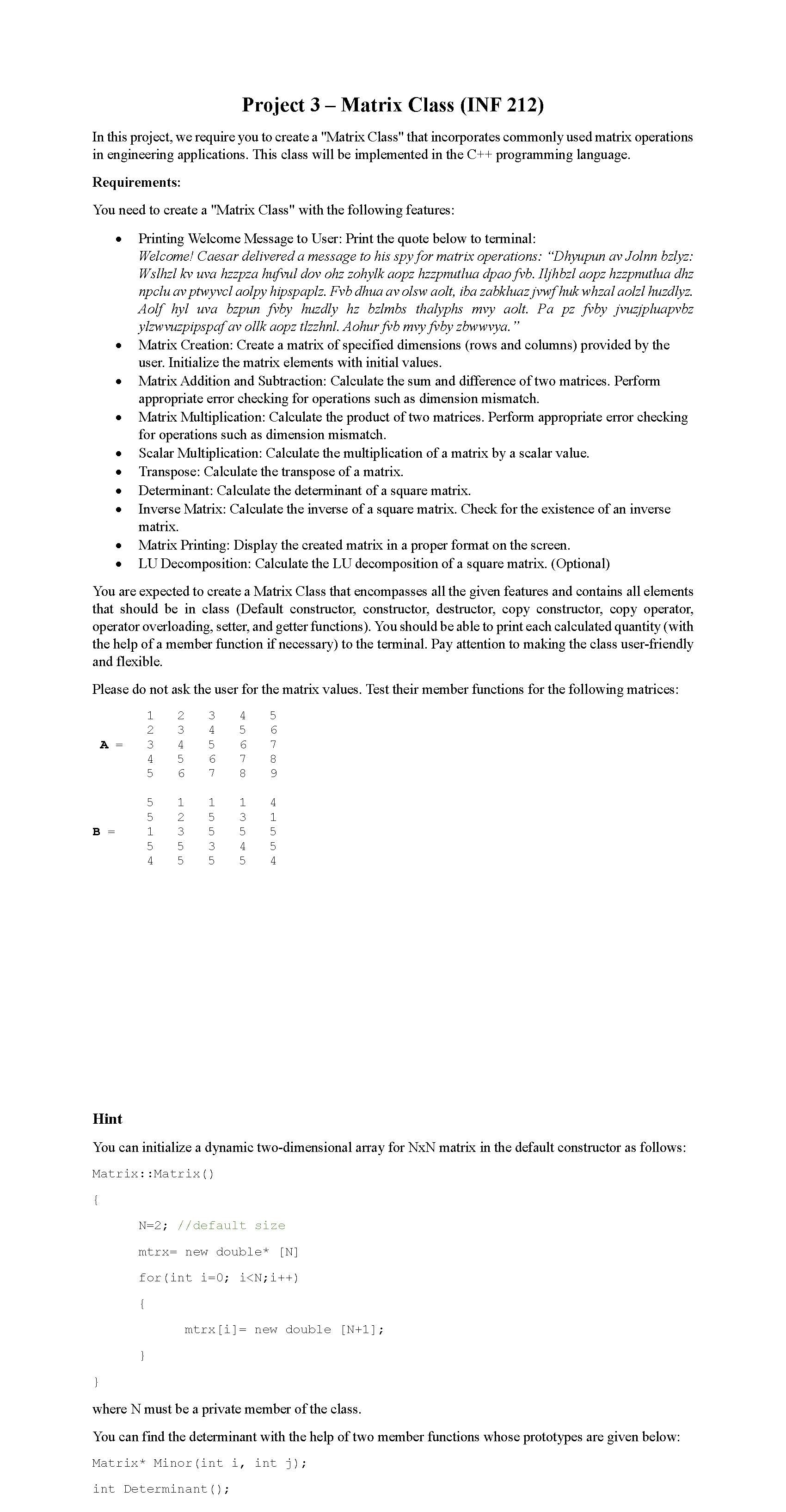 Solved In this project, we require you to create a "Matrix | Chegg.com