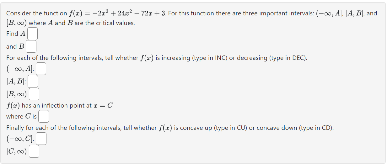 Solved Consider the function f(x)=−2x3+24x2−72x+3. For this | Chegg.com