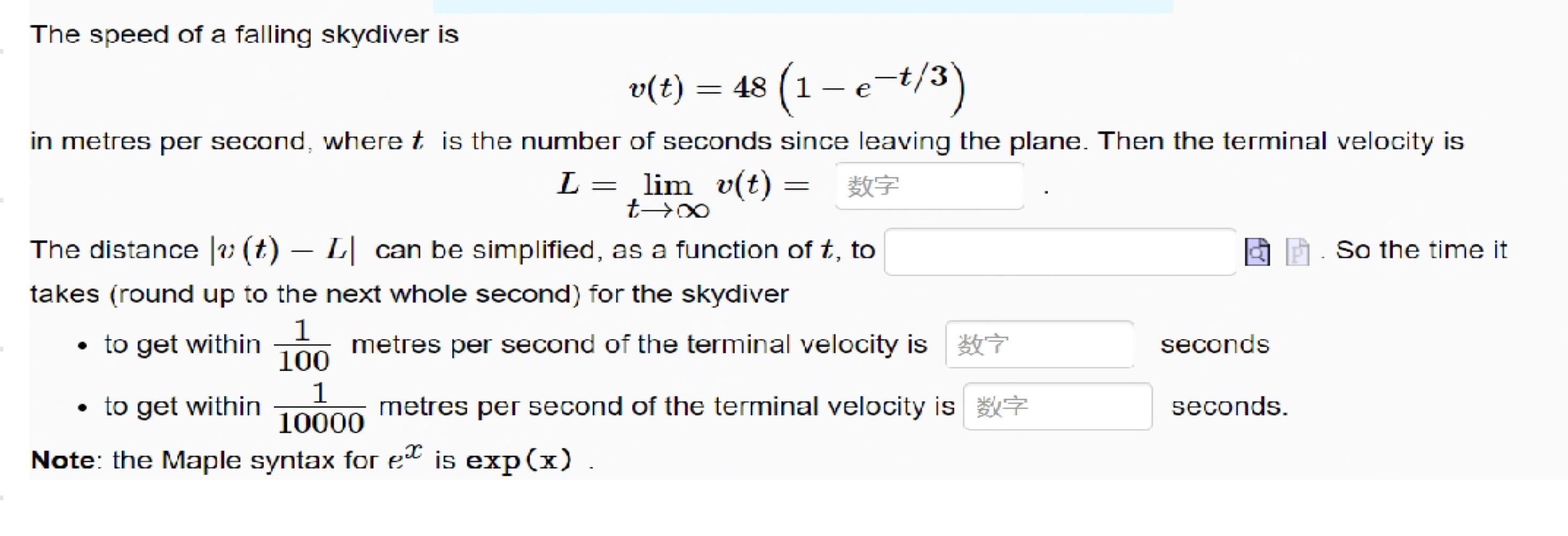 Solved The speed of a falling skydiver is v(t) = 48 | Chegg.com
