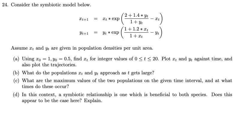 Solved 24. Consider the symbiotic model below. 2 +1.4 *yt | Chegg.com