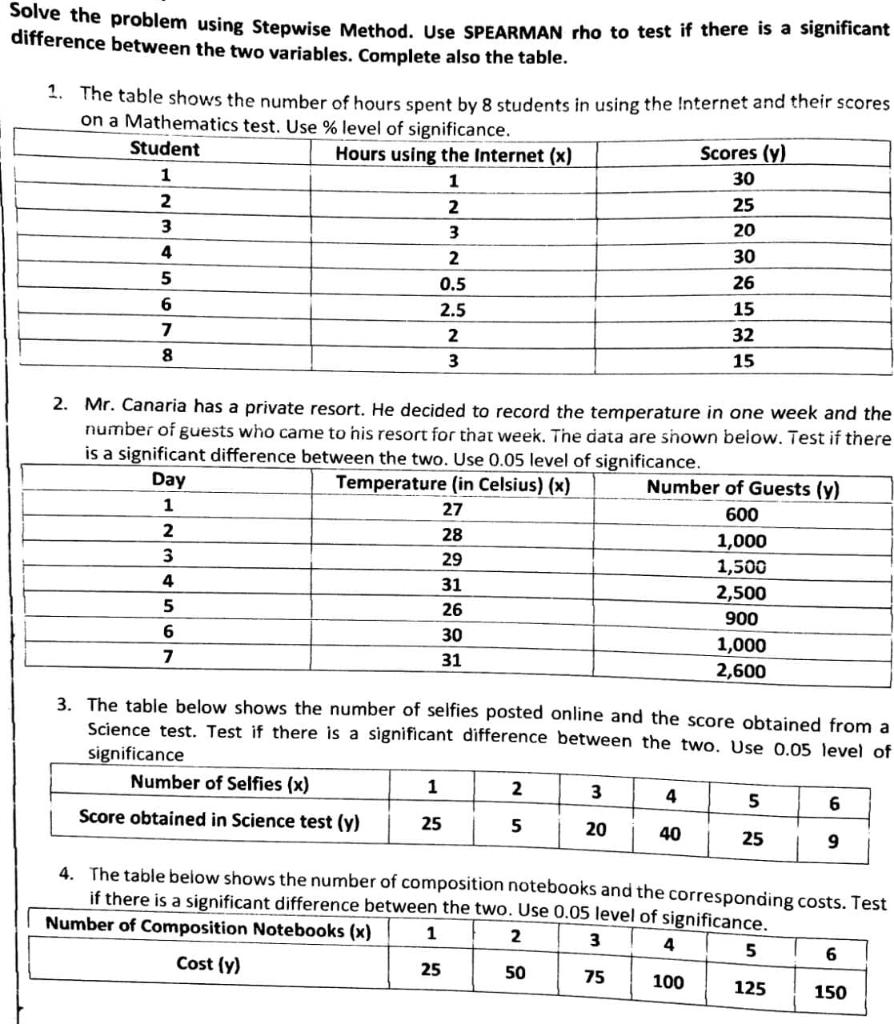 Solved Solve the problem using Stepwise Method. Use SPEARMAN | Chegg.com