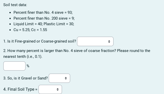 Solved Soil test data: - Percent finer than No. 4 sieve =93; | Chegg.com