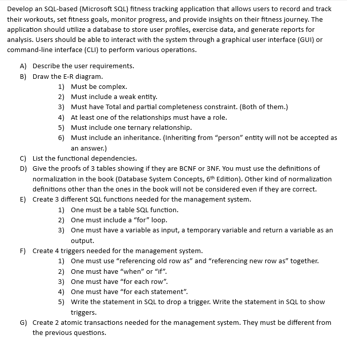 Develop an SQL-based (Microsoft SQL) fitness tracking | Chegg.com
