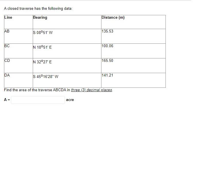 Solved A closed traverse has the following data: Line | Chegg.com