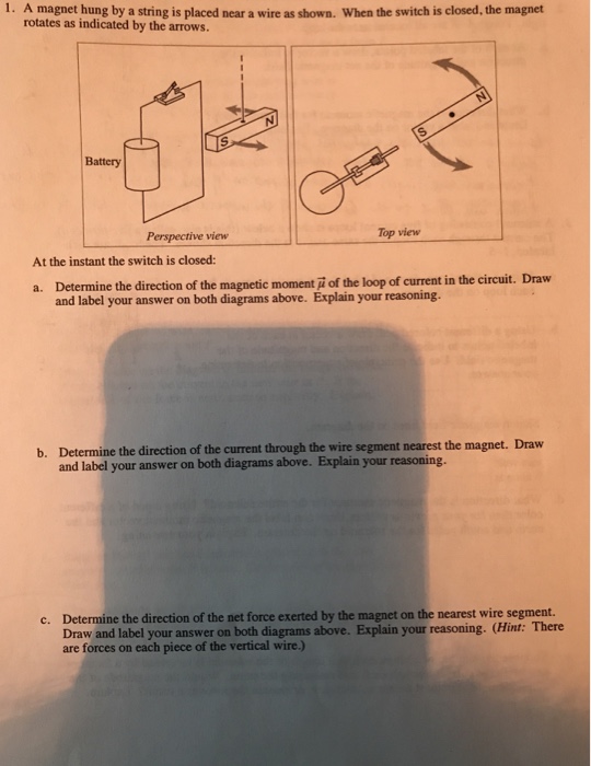 Solved 1. A magnet hung by a string is placed near a wire as | Chegg.com