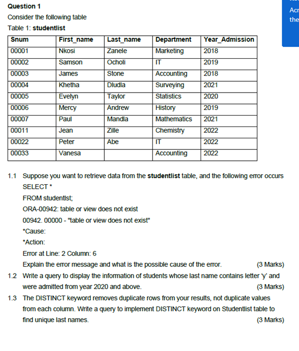 Solved Question 1 Consider the following table Table 1: | Chegg.com