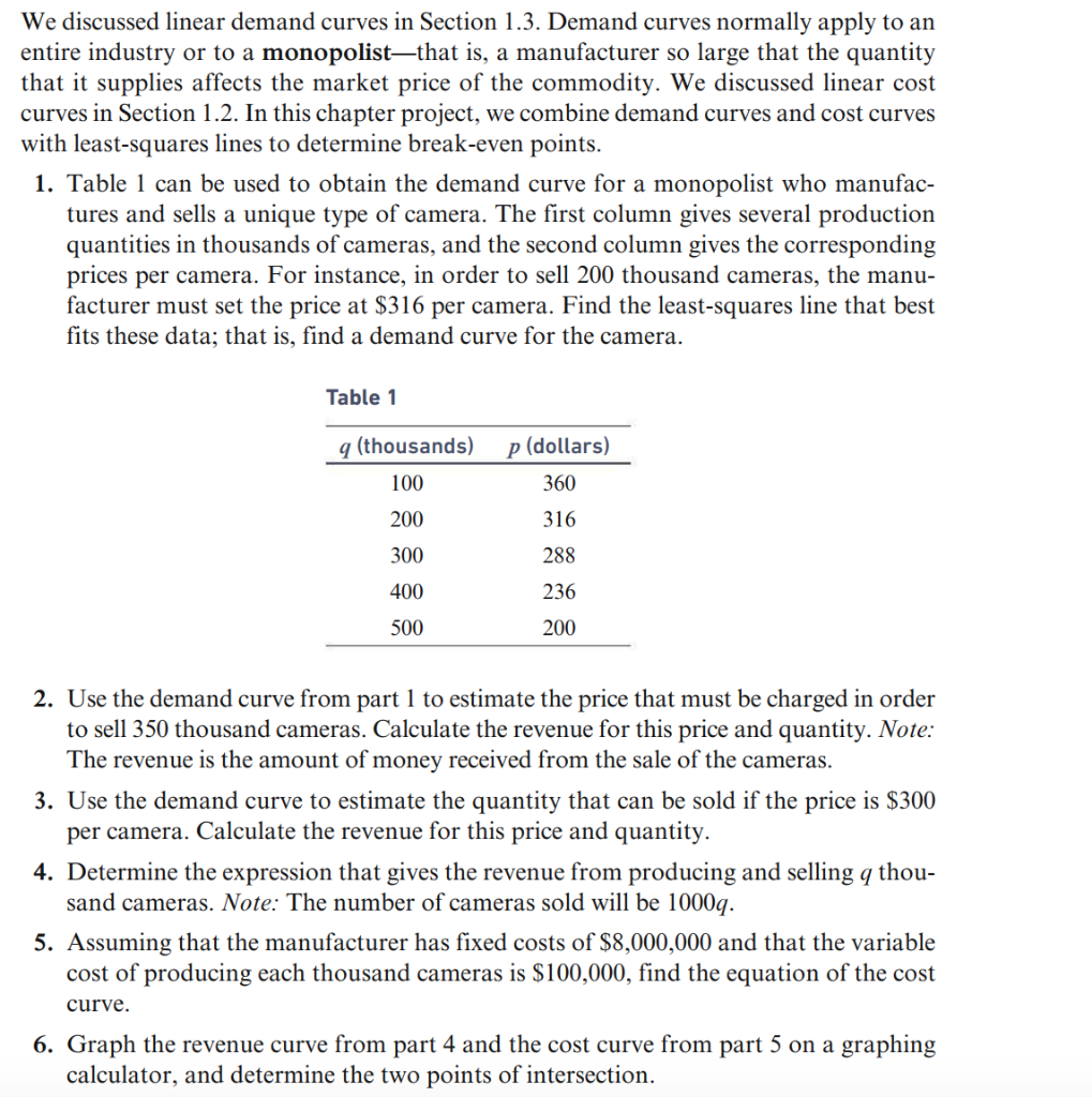 Solved We discussed linear demand curves in Section 1.3. | Chegg.com