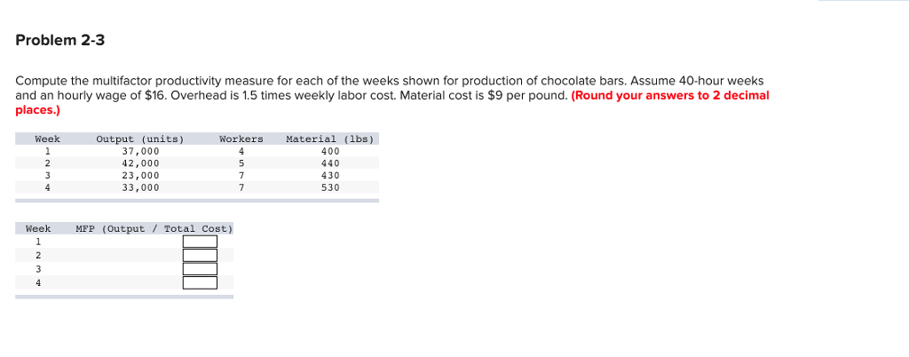 Solved Problem 2-3 Compute the multifactor productivity | Chegg.com