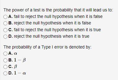 Solved The power of a test is the probability that it will | Chegg.com