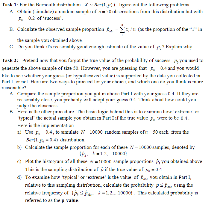 Solved Task 1: For the Bernoulli distribution X Ber(1, p)) | Chegg.com