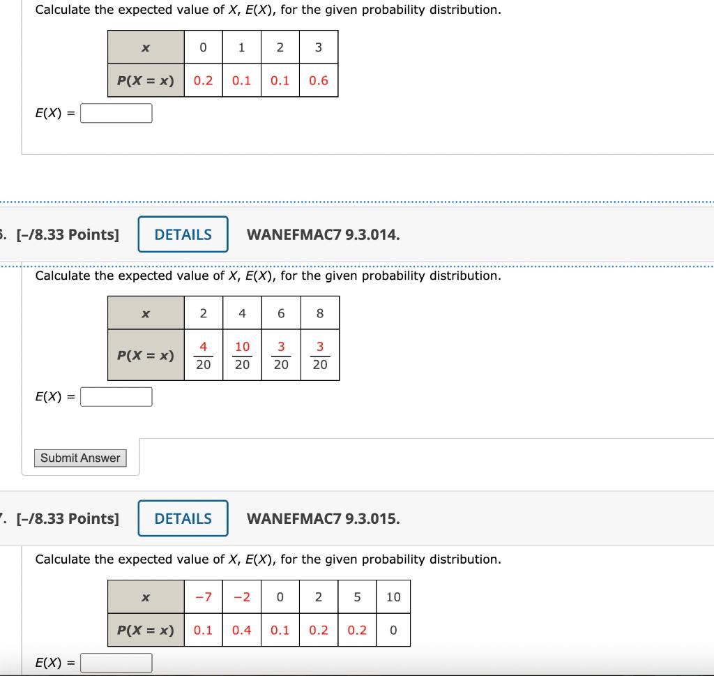 Solved Calculate the expected value of X, E(X), for the | Chegg.com