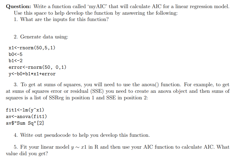 Question: Write a function called 'myAIC' that will | Chegg.com