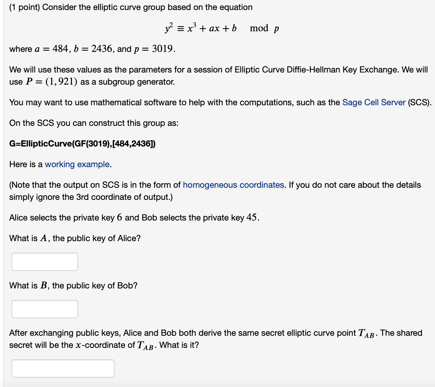 Solved (1 point) Consider the elliptic curve group based on | Chegg.com