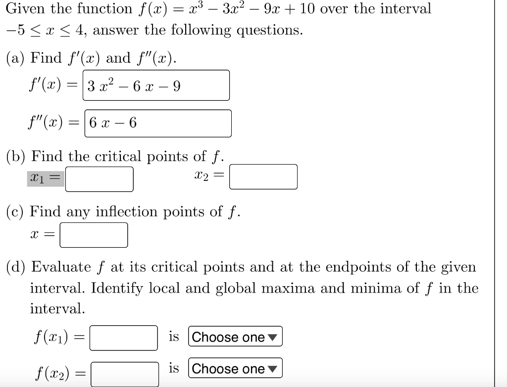 Solved Given the function f(x)=x3−3x2−9x+10 over the | Chegg.com