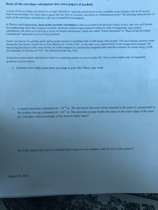 Solved Back-of-the-envelope calculation (use extra papers if | Chegg.com Solved Back-of-the-envelope calculation (use extra papers if | Chegg.com