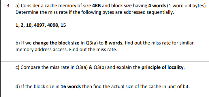 Solved 3. a) Consider a cache memory of size 4KB and block | Chegg.com
