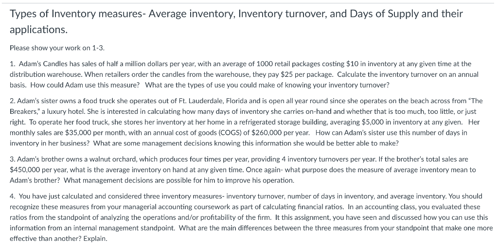 Solved Types of Inventory measures- Average inventory, | Chegg.com