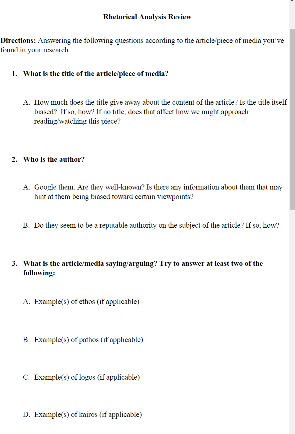 Solved Rhetorical Analysis Review Directions: Answering the | Chegg.com