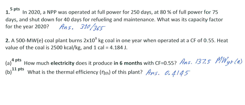 Solved 5 pts 1. In 2020, a NPP was operated at full power | Chegg.com
