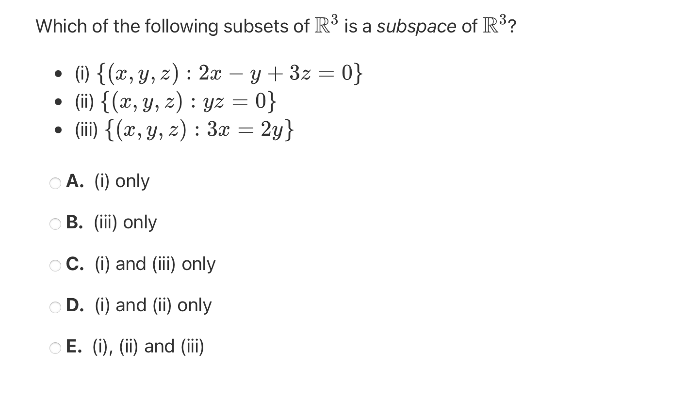 Solved Which of the following subsets of R3 is a subspace of | Chegg.com