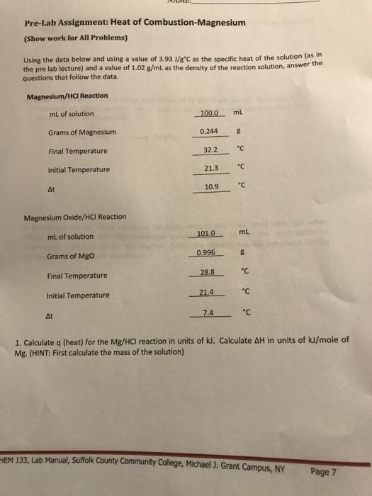 Solved Pre-Lab Assignment: Heat of Combustion-Magnesium | Chegg.com